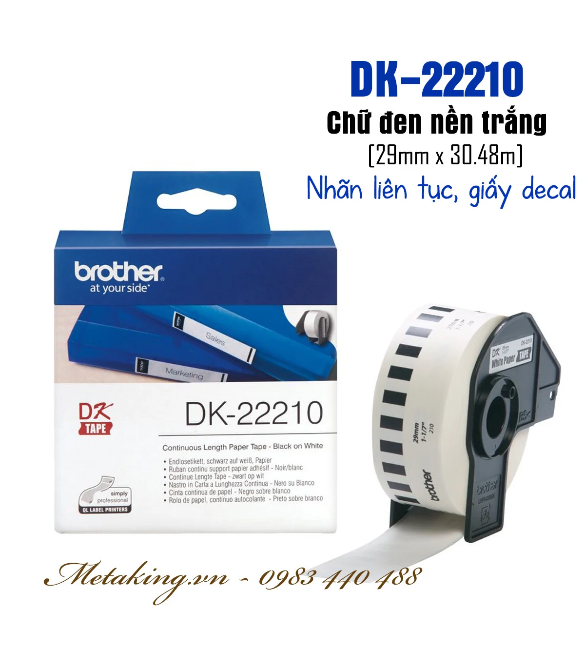 Brother DK-22210, 29mm X 30.48m, Nhãn Liên Tục, Giấy Decal | ⓿ | METAKING
